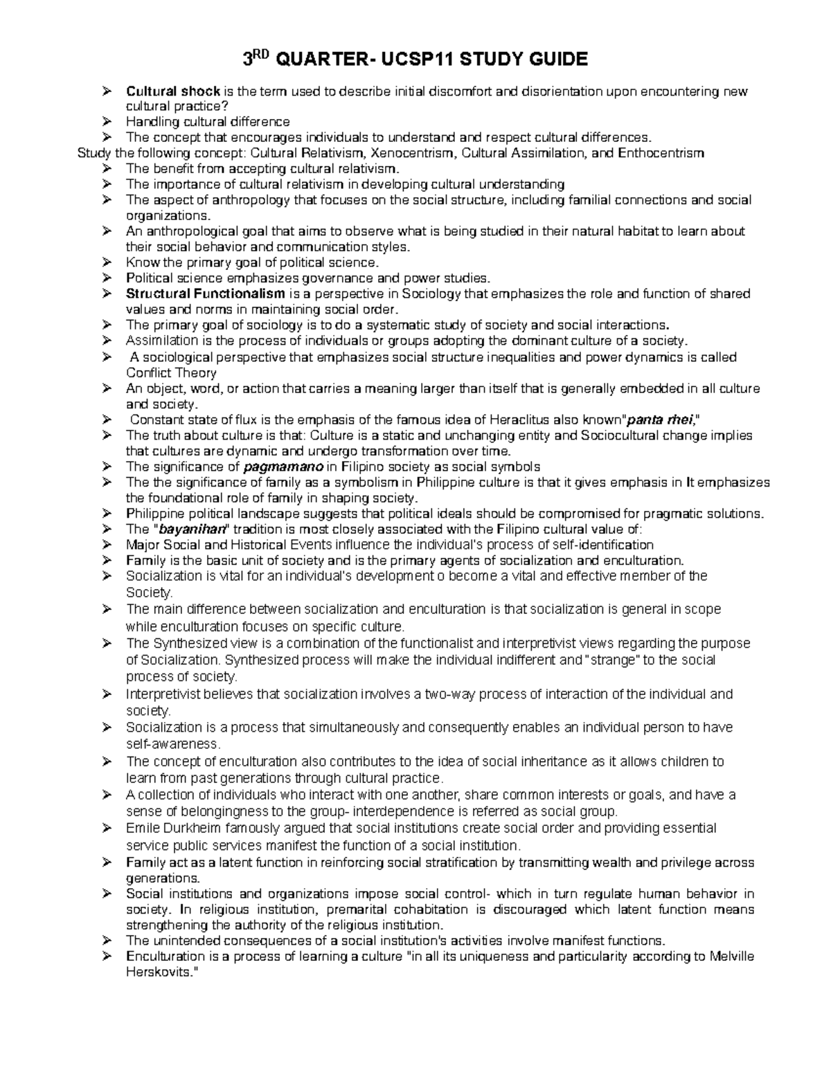 UCSP11 3rd-Quarter Study-Guide - 3 RD QUARTER- UCSP11 STUDY GUIDE Cultural shock is the term ...