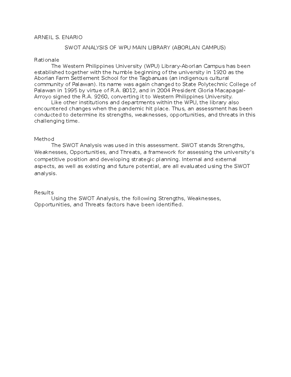 SWOT Analysis Application- Arneil - ARNEIL S. ENARIO SWOT ANALYSIS OF ...