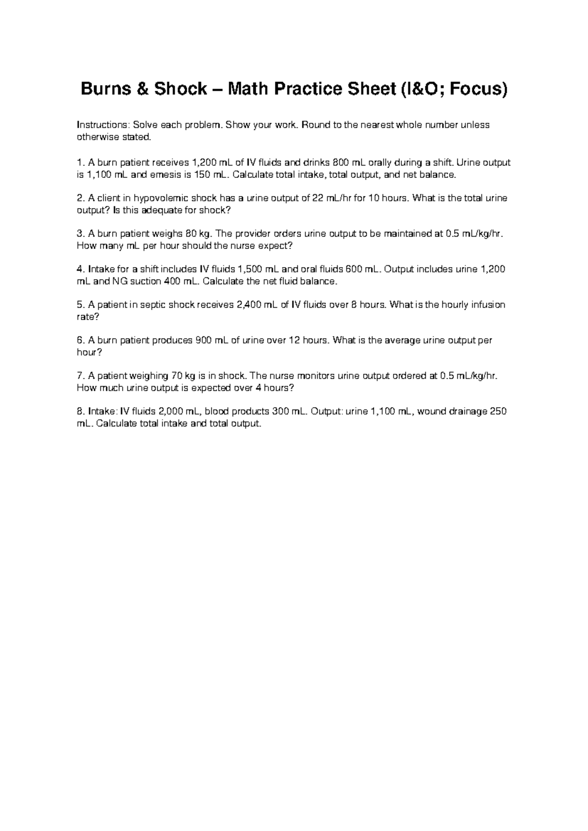 Burns and Shock Math Practice I&O Sheet - Studocu