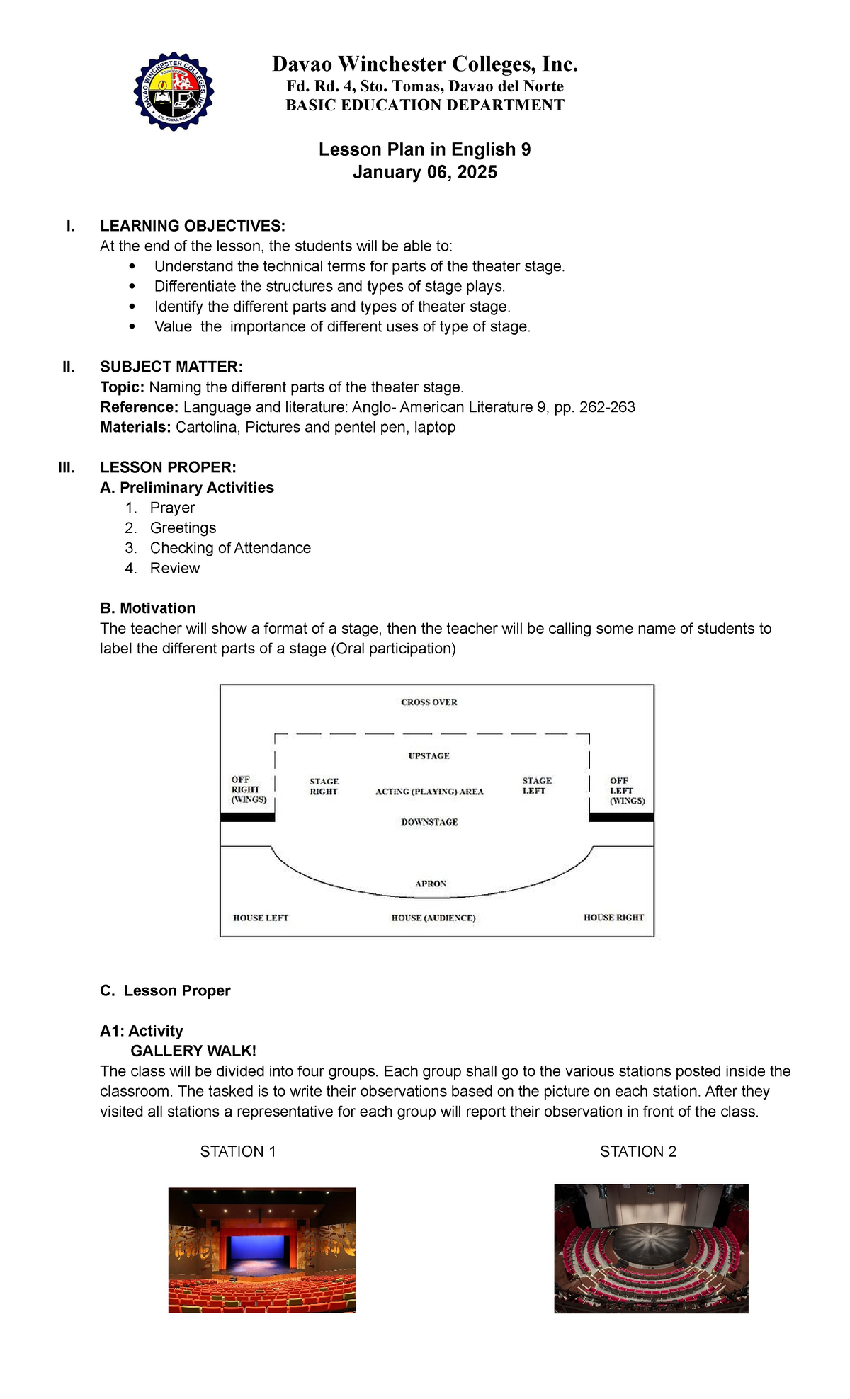 English 9 Lesson Plan: Understanding Theater Stage Parts - Studocu
