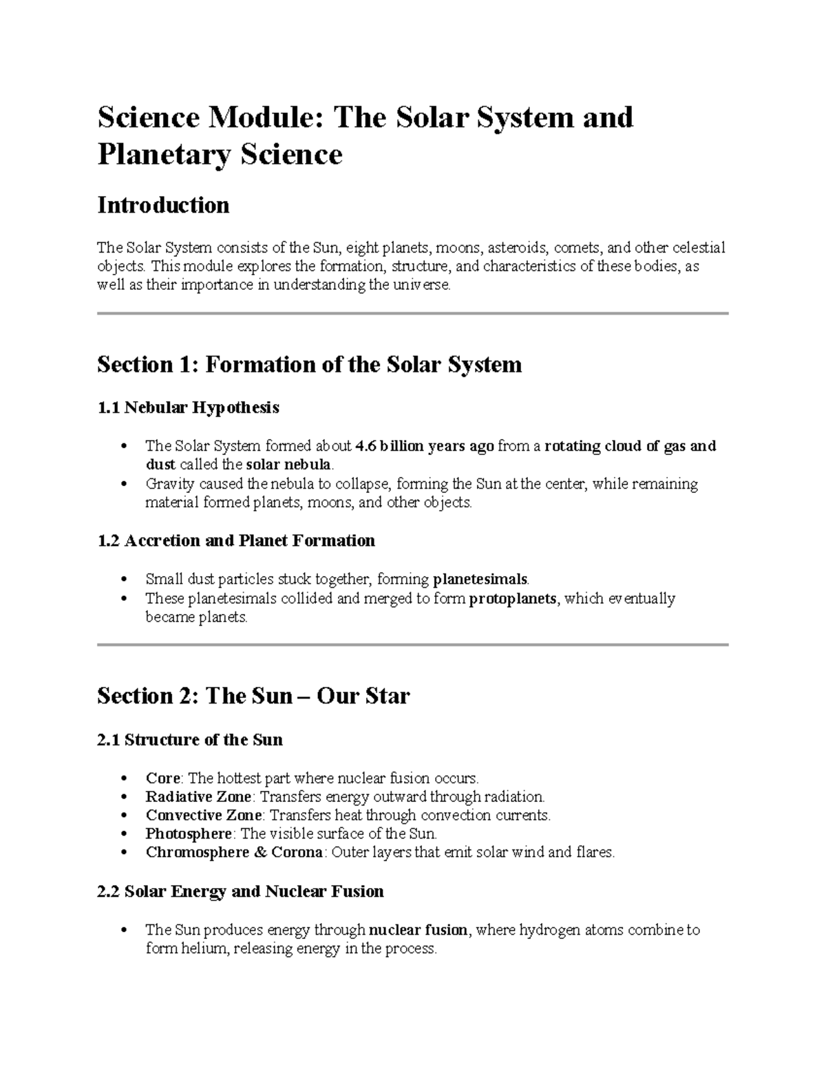 The Solar System and Planetary Science - Science Module: The Solar ...