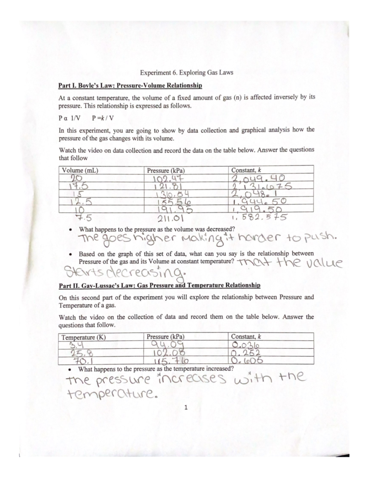 Experiment 6. Exploring Gas Laws - Experiment 6. Exploring Gas Laws ...