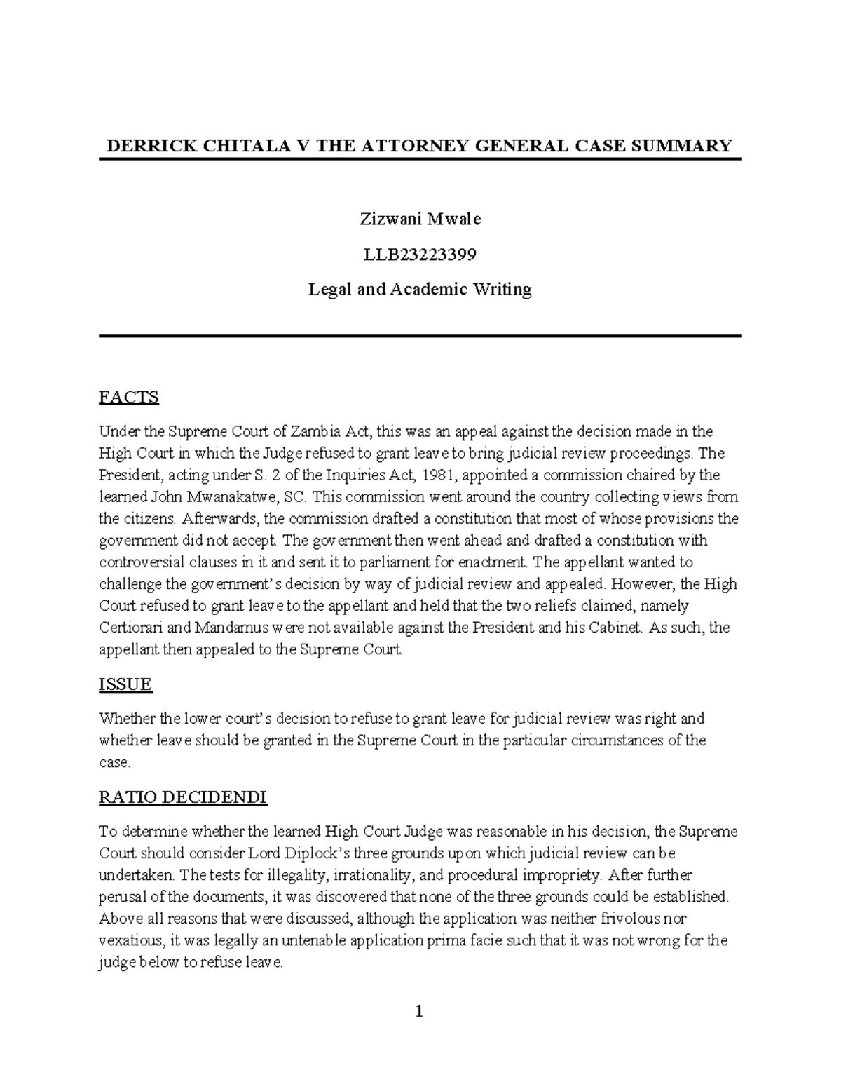 Derrick Chitala v Attorney General Case Summary (1995) - LLB Notes ...