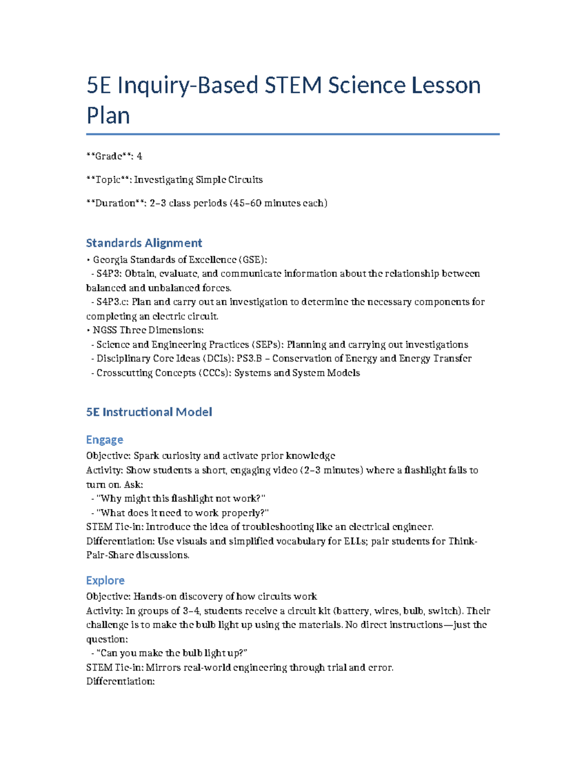 Grade 4 5E STEM Lesson Plan: Investigating Simple Circuits - Studocu
