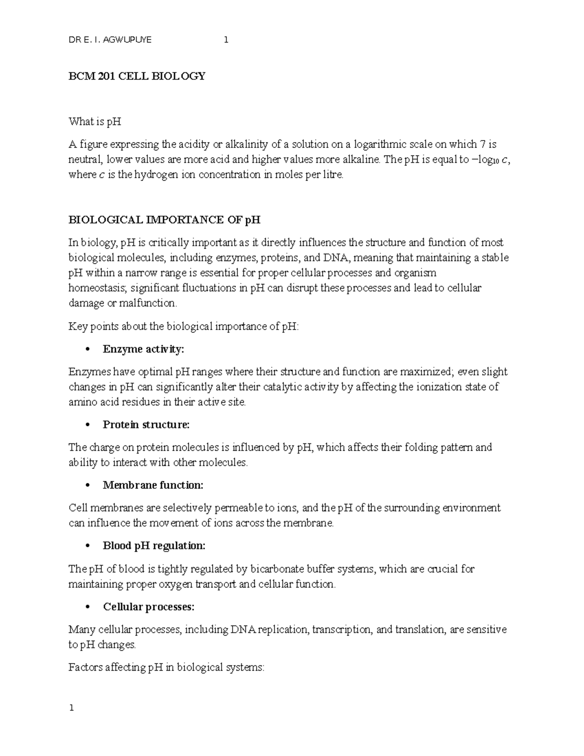 BCM 201 Cell Biology: Understanding pH and Its Biological Importance ...