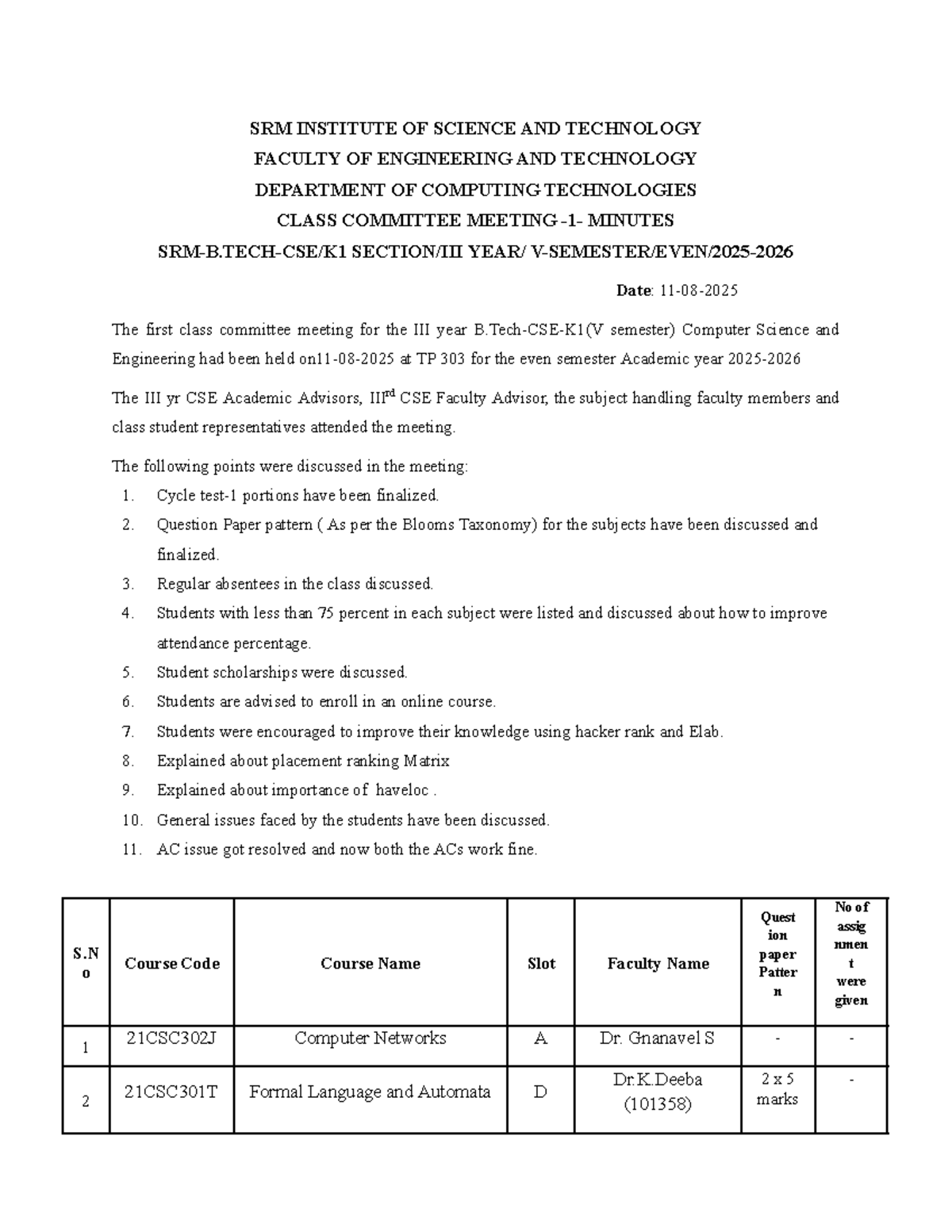 CSE 21CSC302J Class Committee Meeting Minutes - Even Semester - Studocu