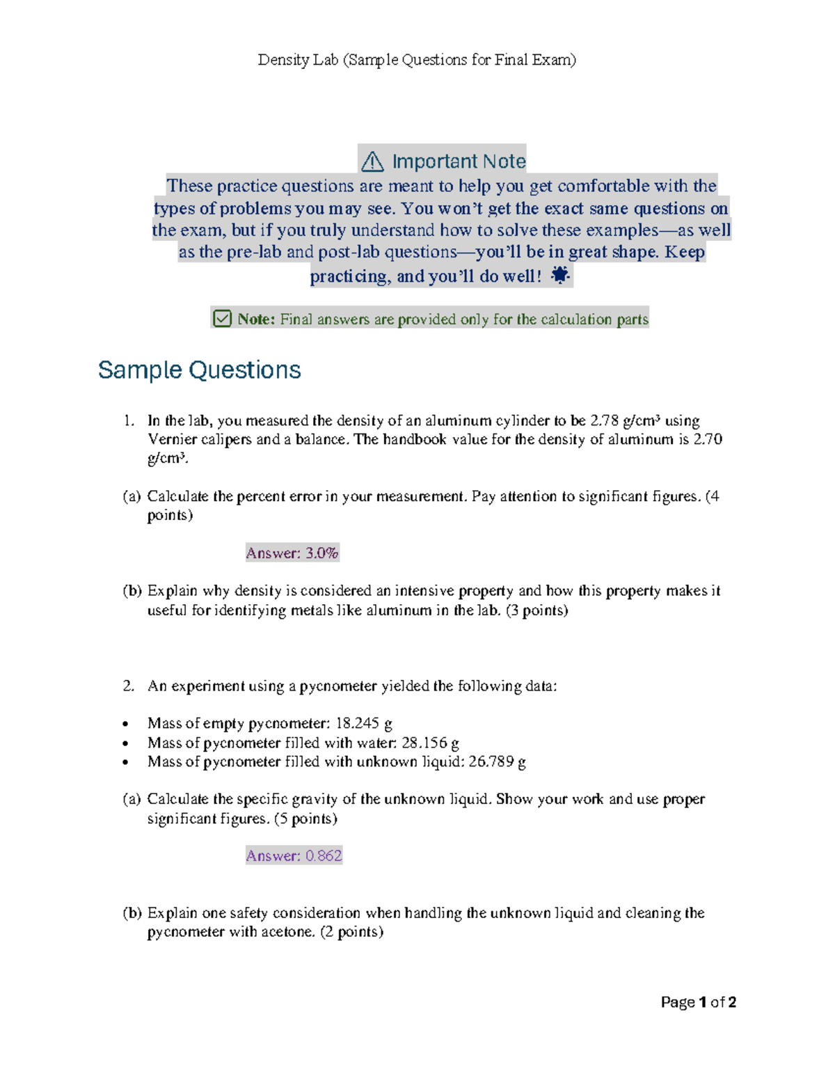 Density Lab (Sample Questions for Final Exam) - Studocu