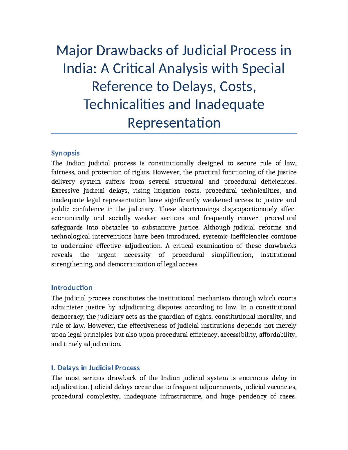 Major Drawbacks of Judicial Process in India: A Critical Analysis - Studocu