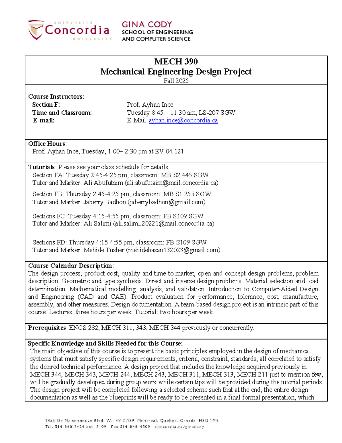 Course Outline for MECH 390: Mechanical Engineering Design Project ...
