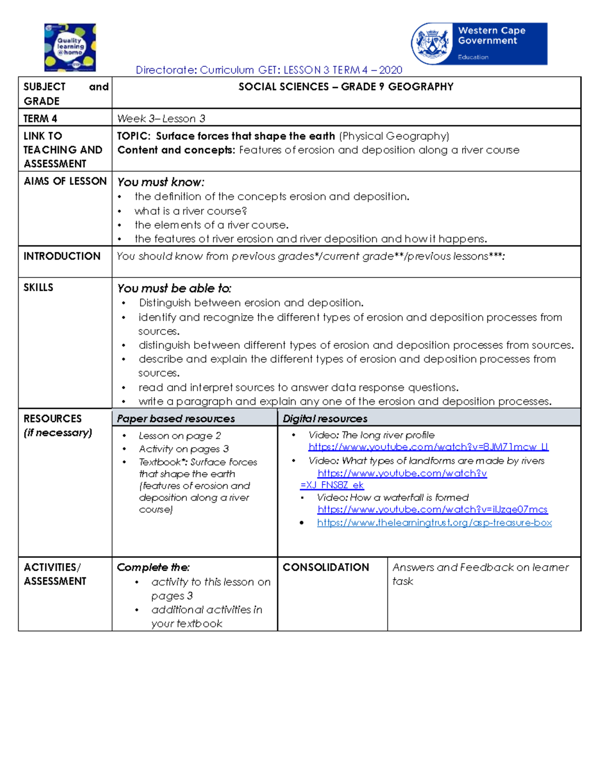 Lesson Plan Grade 9 SS Geography T4 W3 - Directorate: Curriculum GET ...