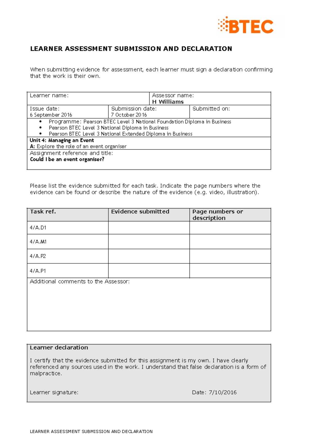 Learner Assessment Declaration: Submission for Assignment 4/A in ...