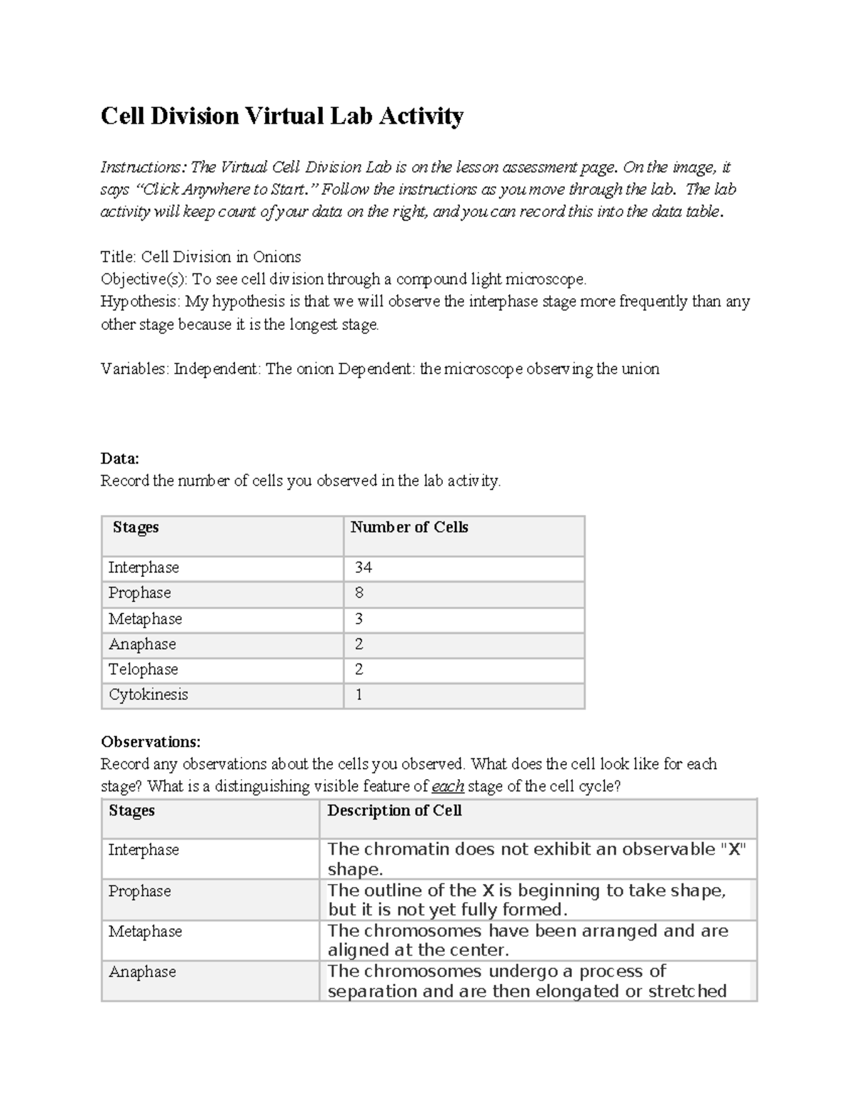 Cell Division Virtual Lab Activity - Cell Division Virtual Lab Activity ...