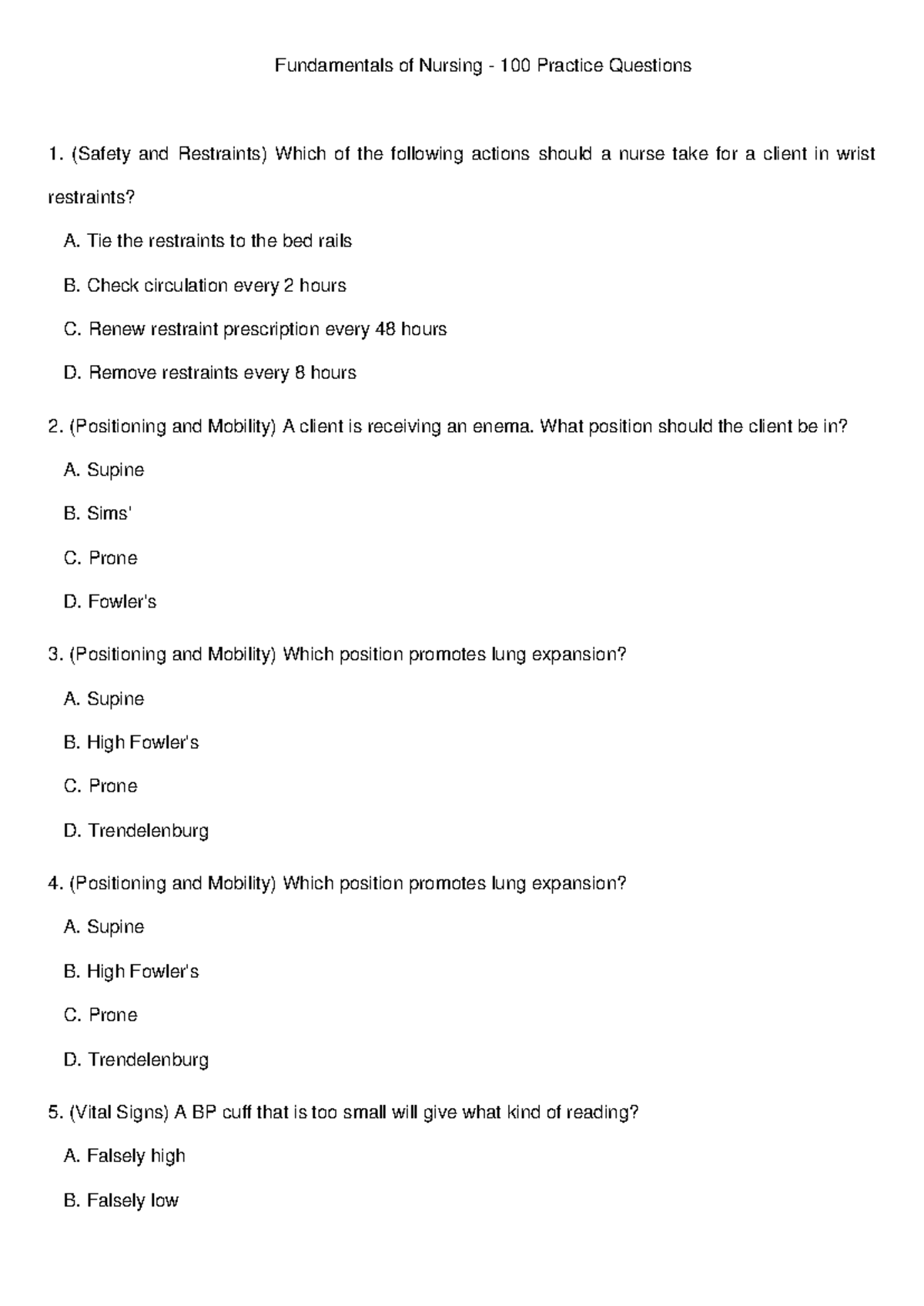 Fundamentals of Nursing 100 Practice Questions: Safety, Restraints ...