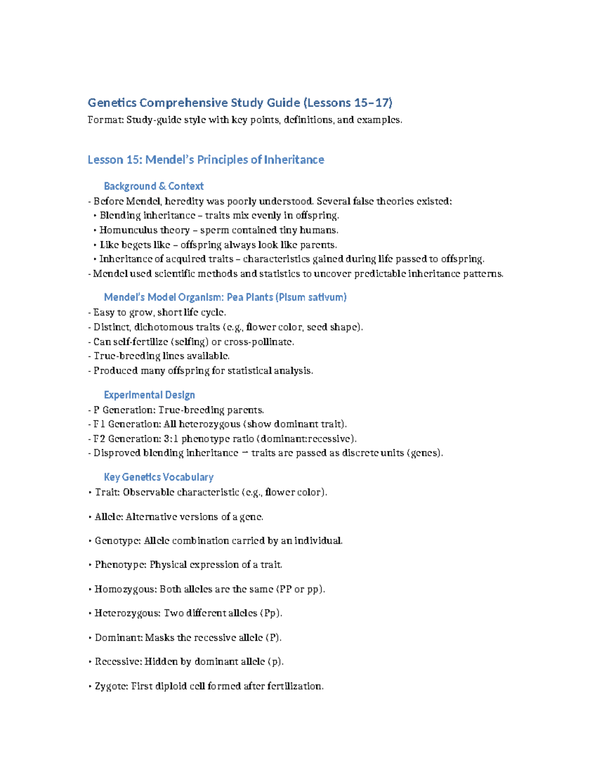 Genetics Study Guide: Key Concepts from Lessons 15-17 (BIO101) - Studocu