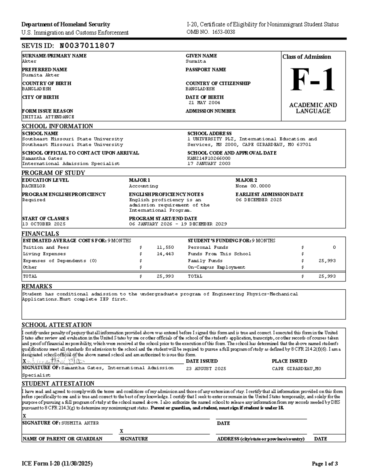 Susmita Akter's I-20 Form for Nonimmigrant Student Status - Studocu