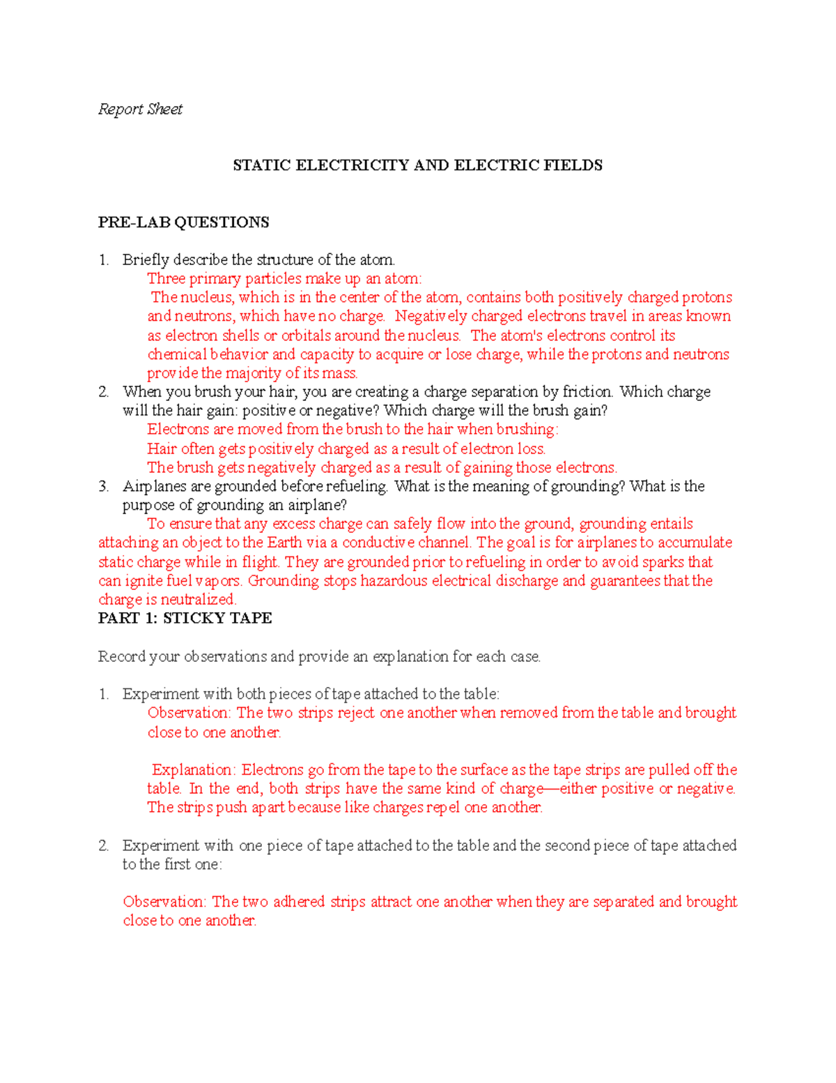 Static Electricity and Electric Fields Report Sheet (CUMMINGS) - Studocu