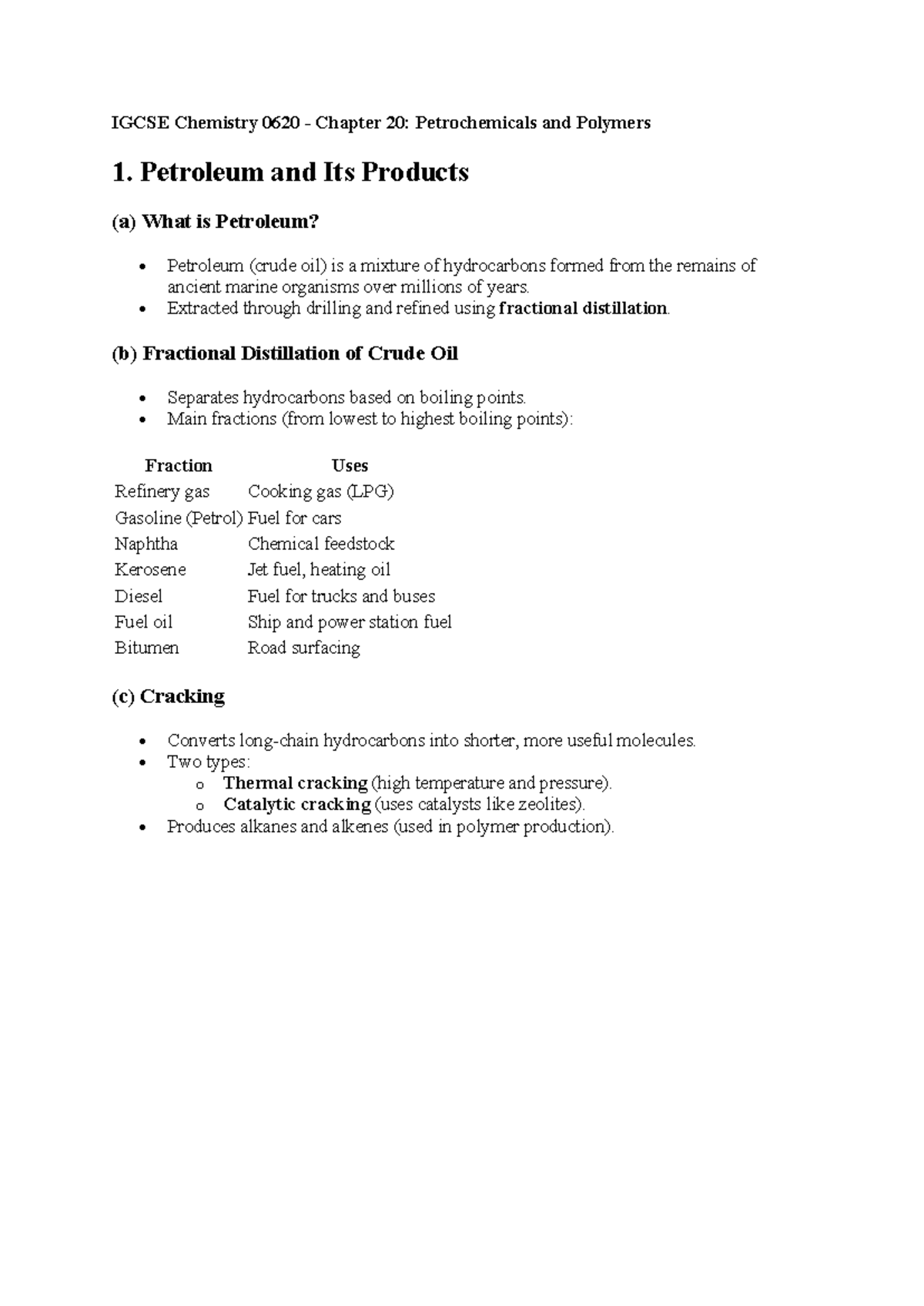IGCSE Chemistry 0620 - Chapter 20: Petroleum, Cracking & Uses - Studocu