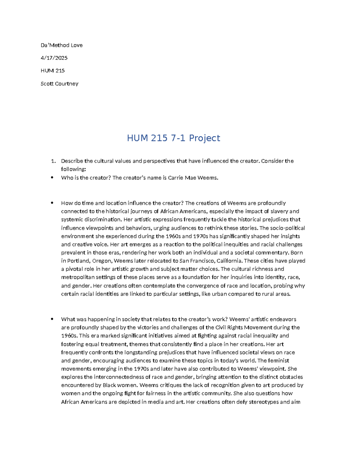 Cultural Perspectives in Carrie Mae Weems' Art: HUM 215 Project 1 - Studocu