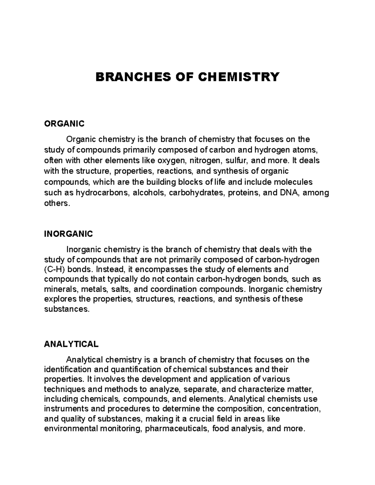 Branches of Chemistry Overview - CHEM - Studocu