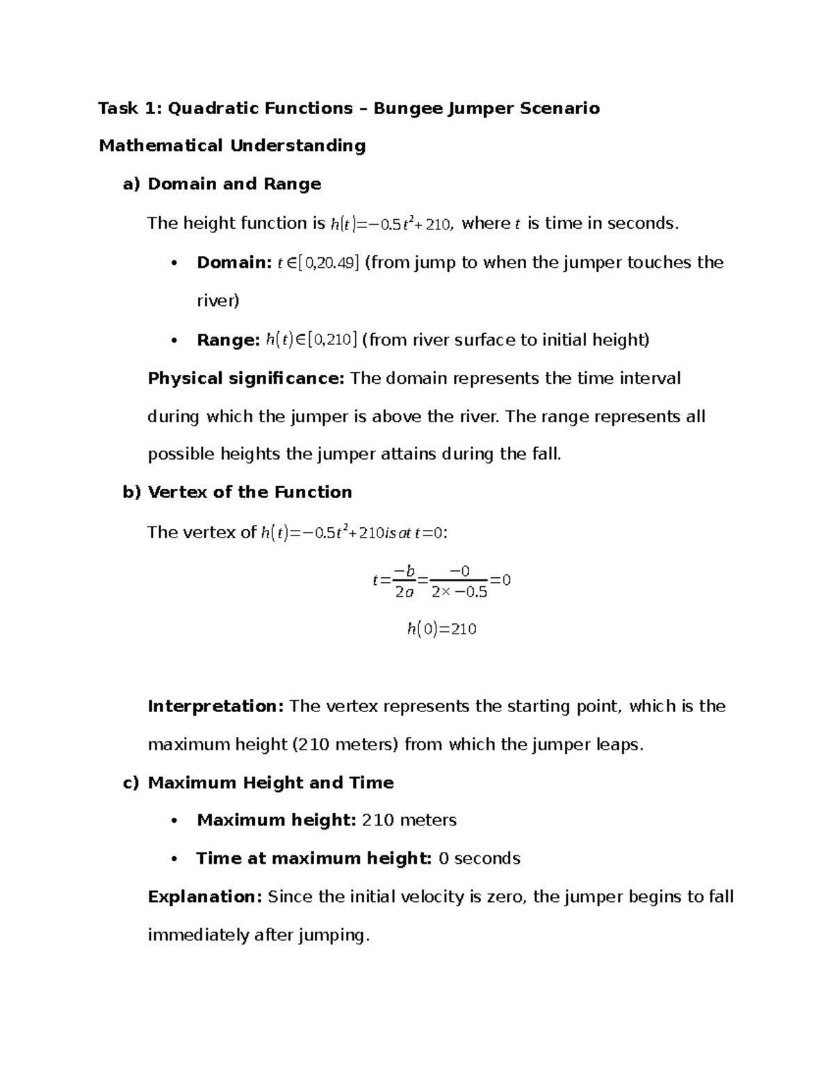 MATH 1201-01: Task 1 - Quadratic Functions in Bungee Jumping - Studocu