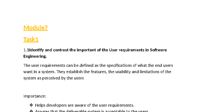 Module 7 - Task 1: User Requirements & Problem Definition in SE - Studocu