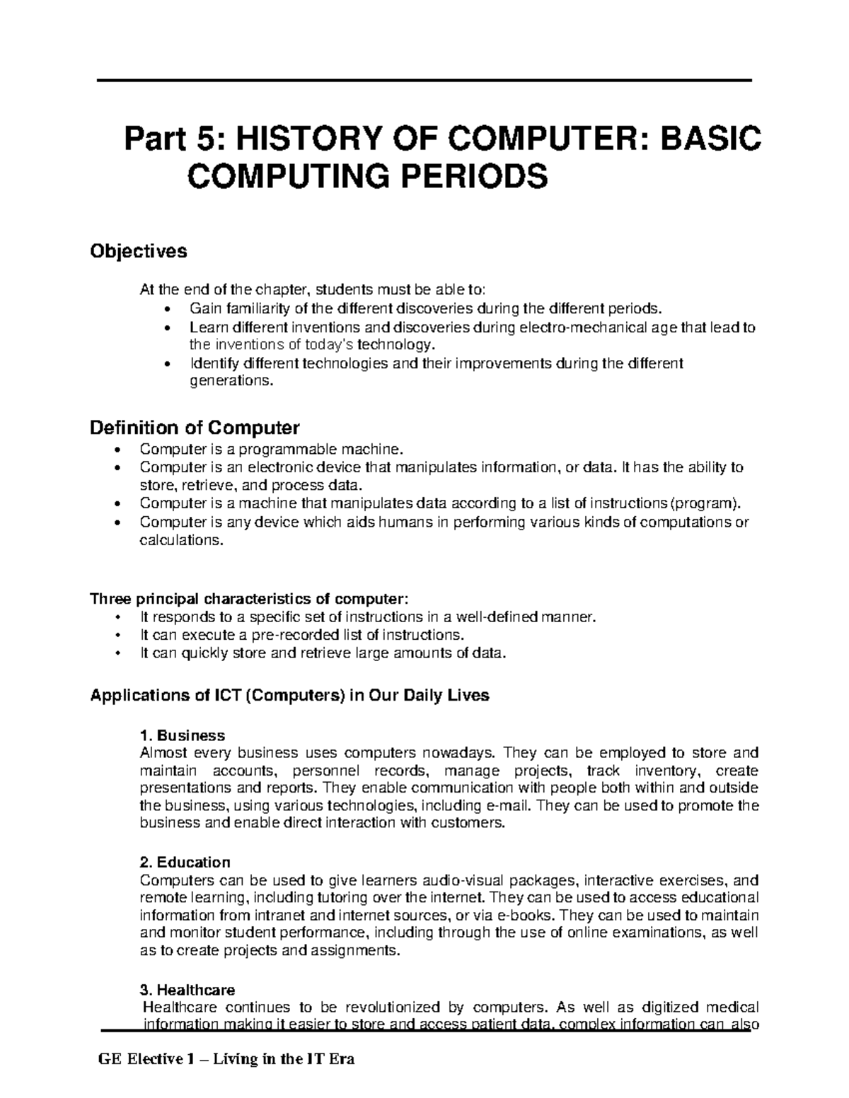 History of Computers: Basic Computing Periods in GE Elective 1 - Studocu