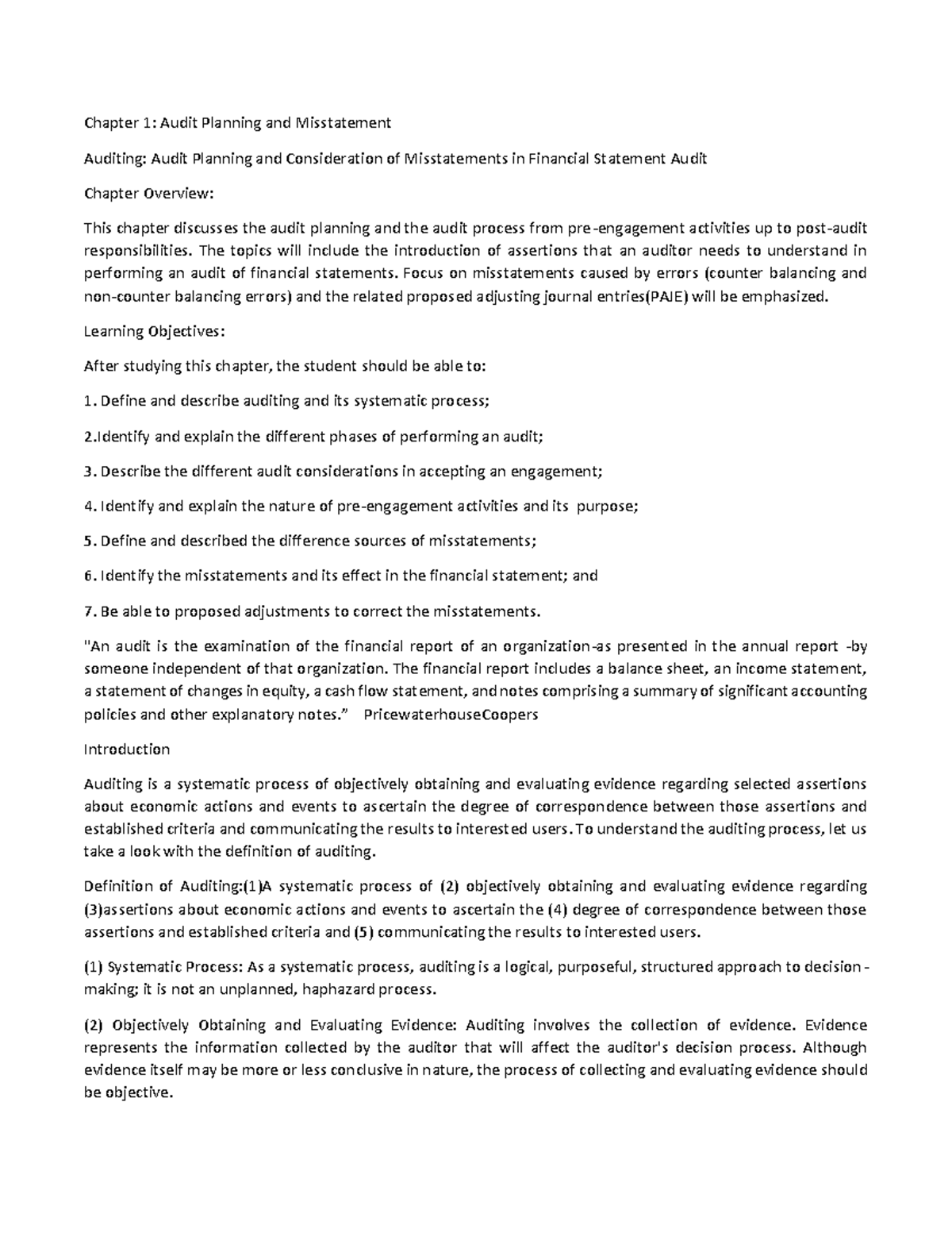 Chapter 1 Audit Planning and Misstatements - Chapter 1: Audit Planning ...