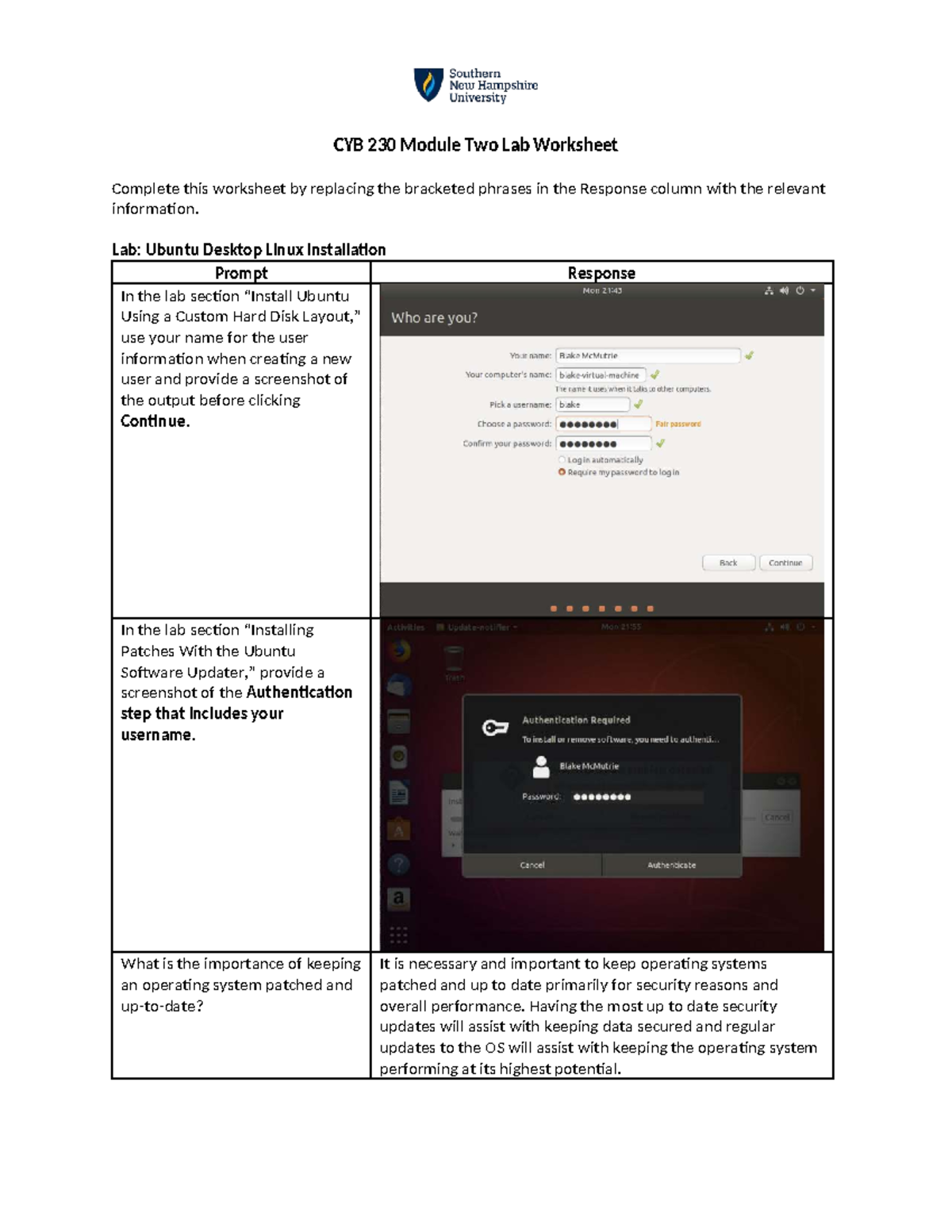 CYB 230 Module Two Lab Worksheet: Ubuntu & System Security - Studocu