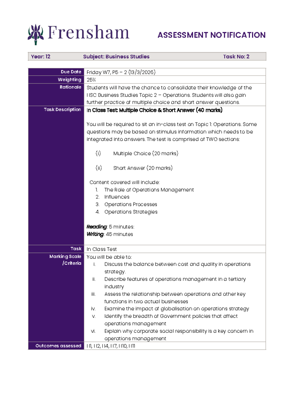 BS Business Studies AT2 2026 In-Class Test Notification - Studocu
