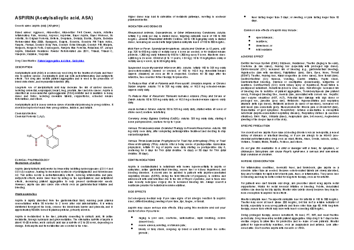 Druglit - happy copying hahhahhhaha - ASPIRIN (Acetylsalicylic acid ...