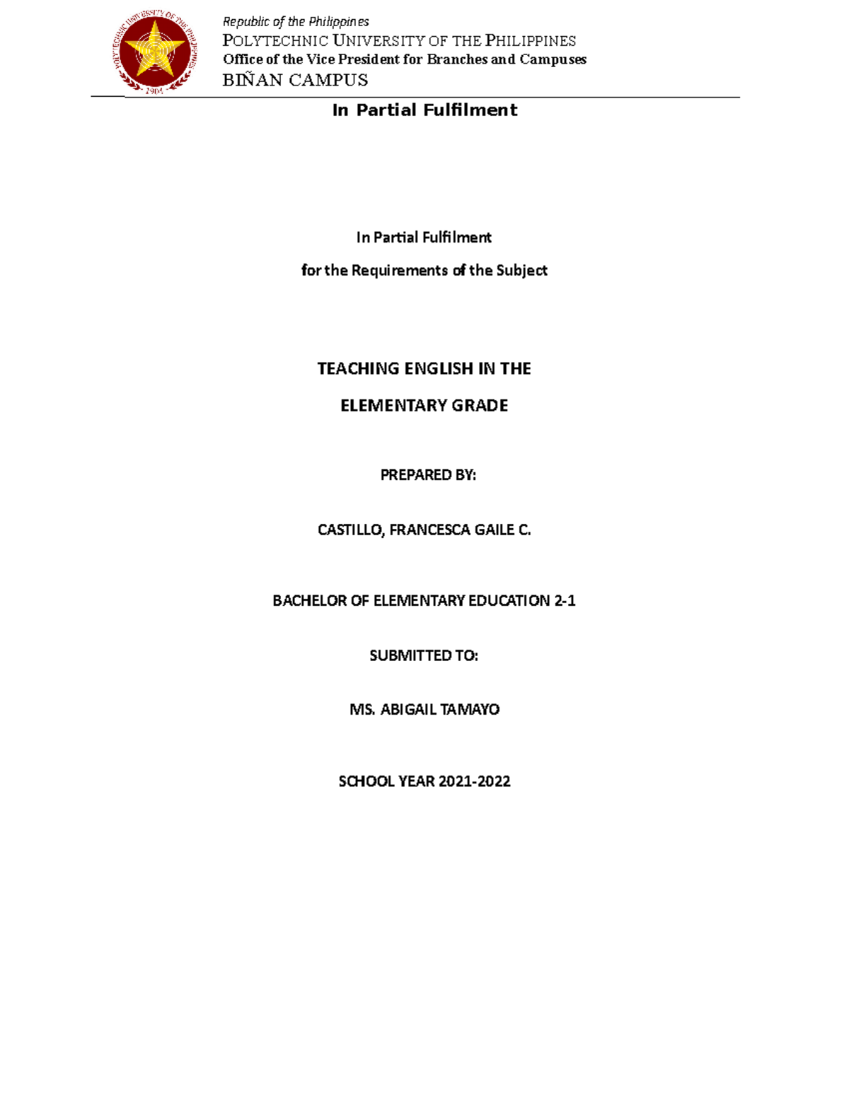 PUP Format AND PUP FORMAT - In Partial Fulfilment In Partial Fulfilment ...