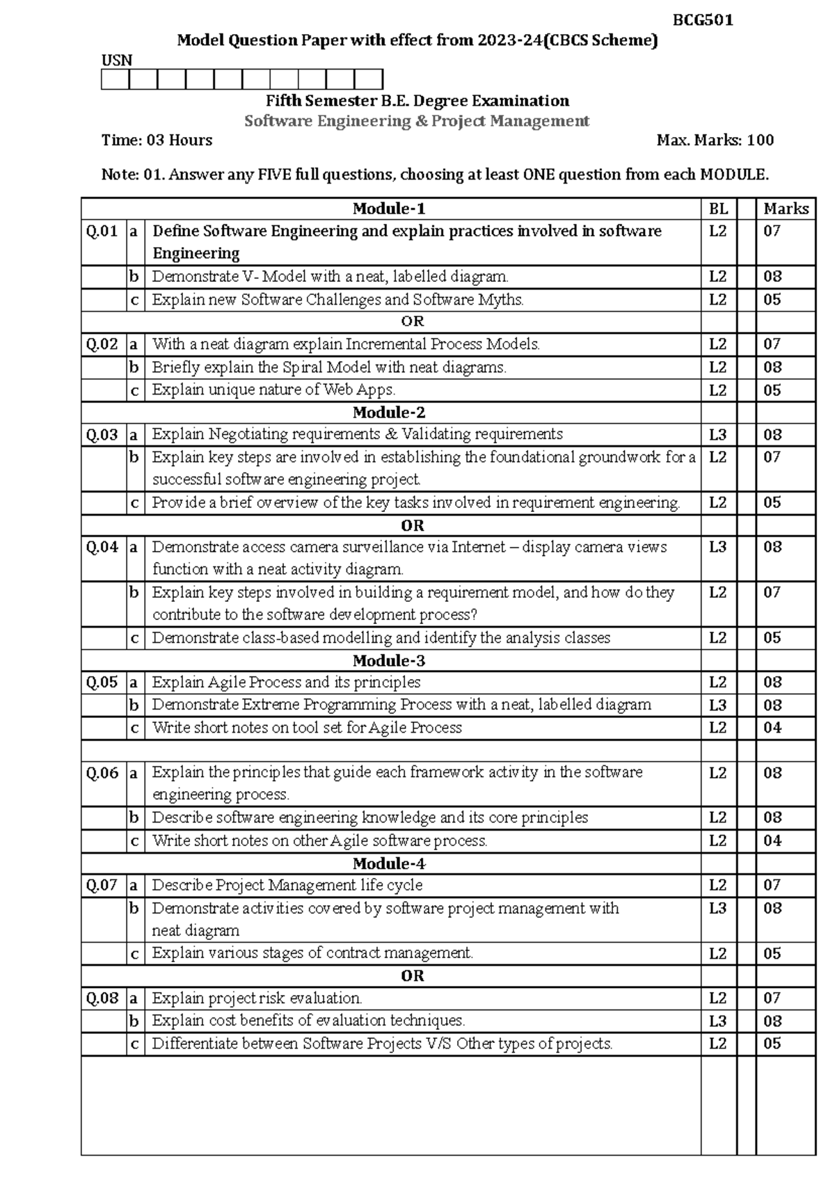 BCS501 - Model Question Paper for Software Engineering & Project Management - Studocu