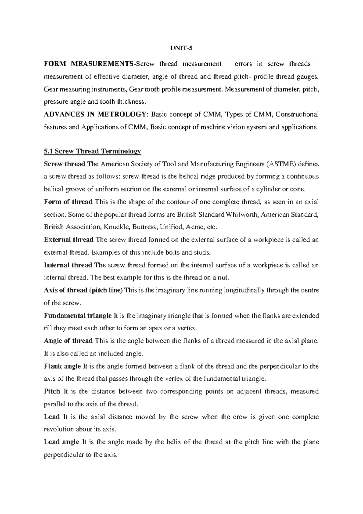 Unit-5 Lecture Notes on Screw Thread Measurement & Gear Terminology ...