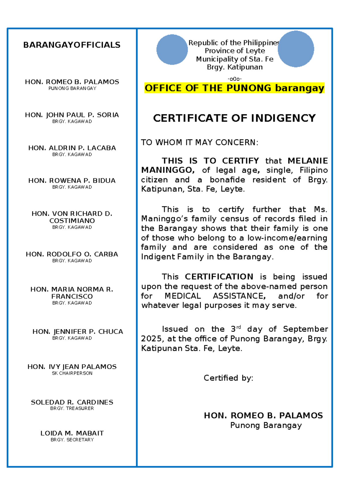 Certificate of Indigency for Financial Assistance - Brgy. Katipunan ...