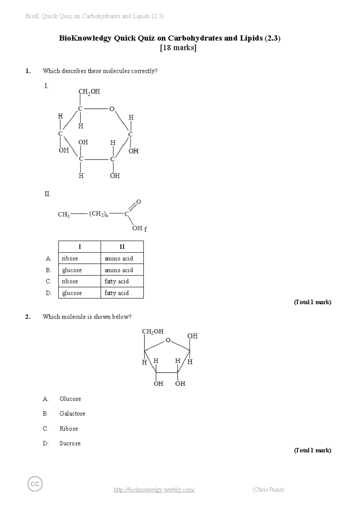 BioK Quick Quiz (2.3): Carbohydrates & Lipids Qs - Studocu