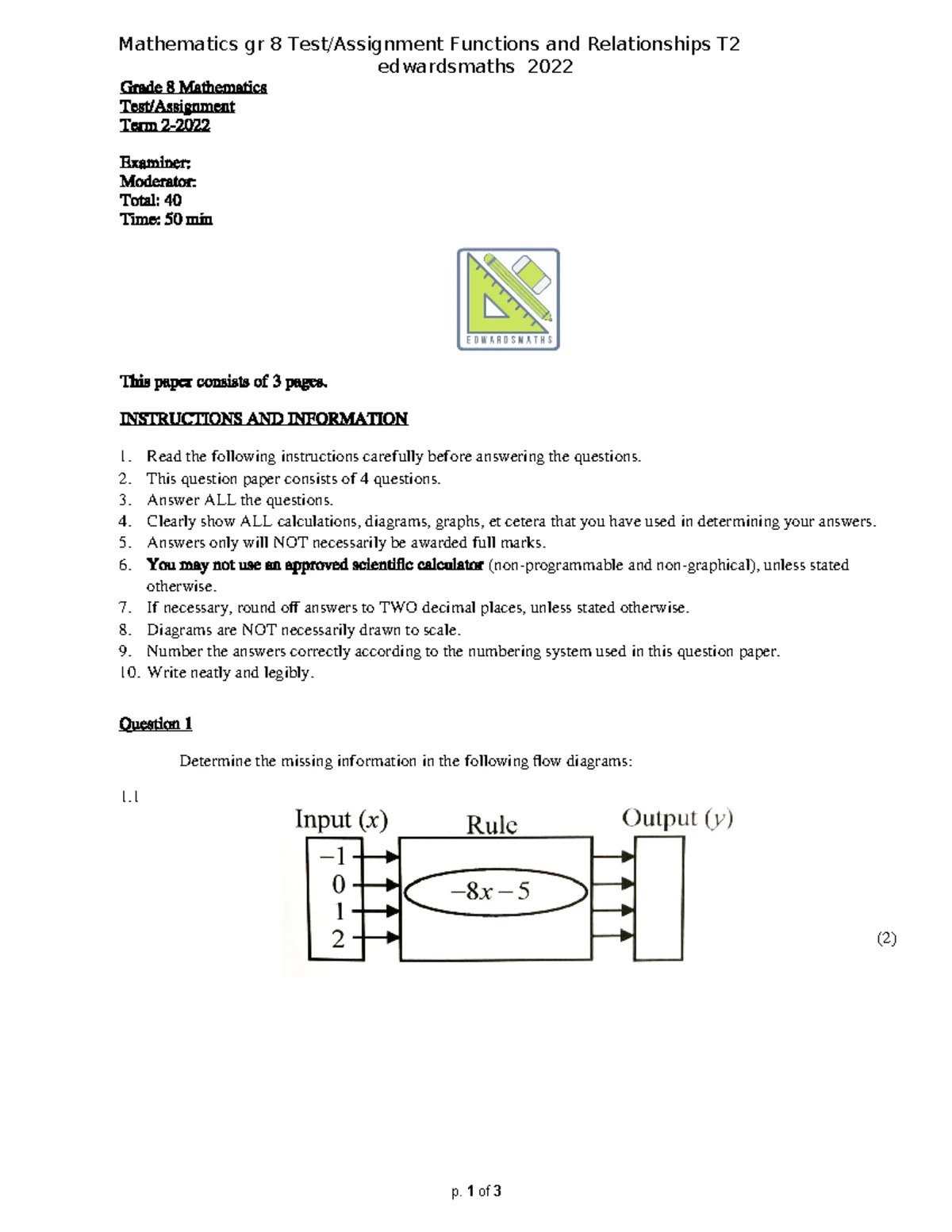 GR8 Maths Project: Algebra Instructions & Assessment TERM 3 2022 - Studocu