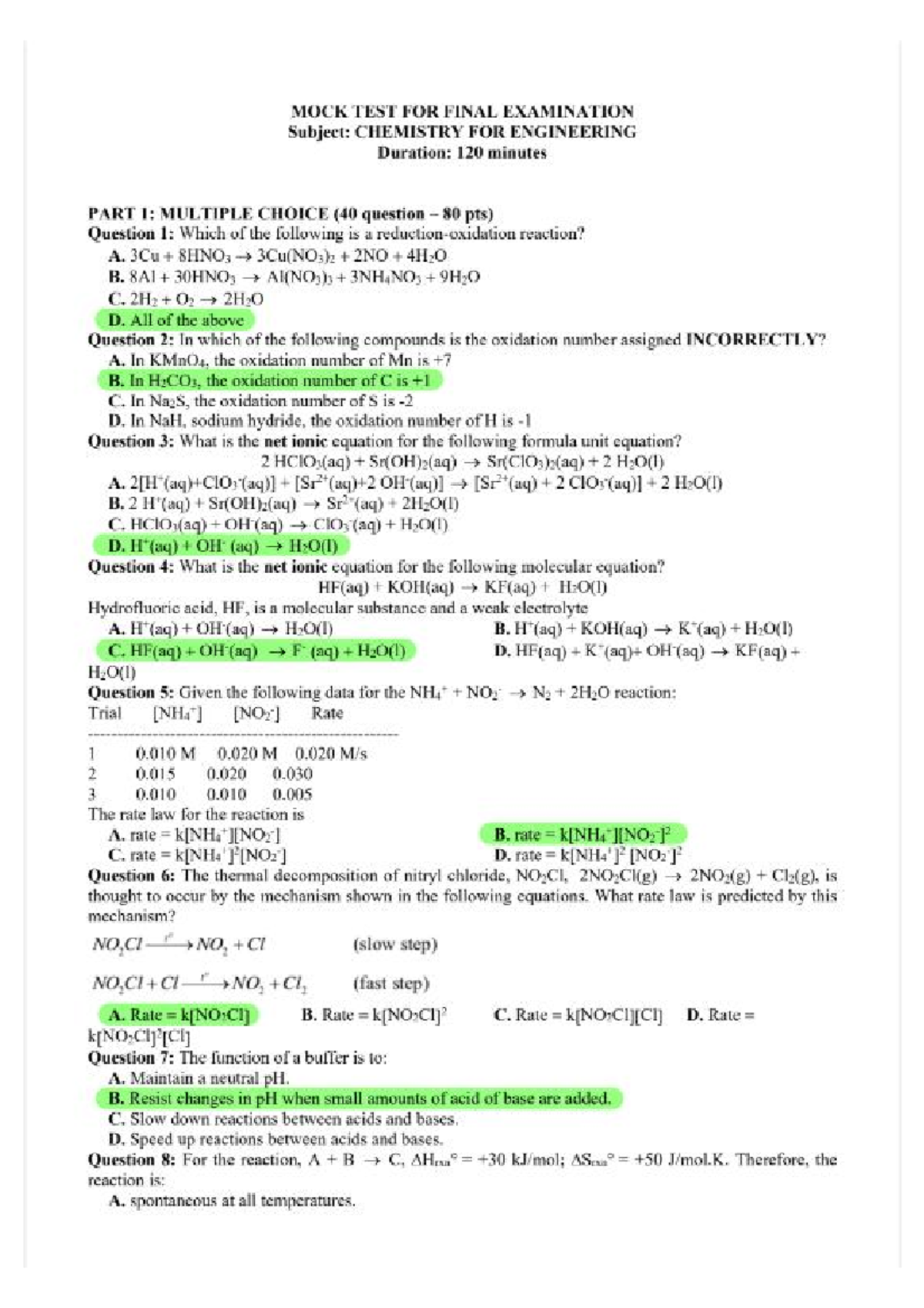 Mock Test for Final Exam: Chemistry for Engineering (CHEM 101) - Studocu