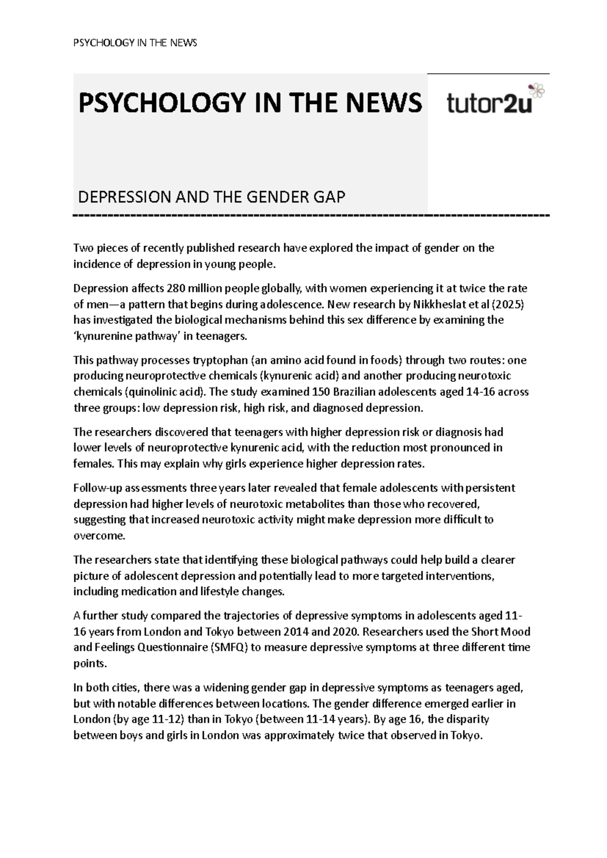 PSY 101: Gender Differences in Adolescent Depression Research Insights ...