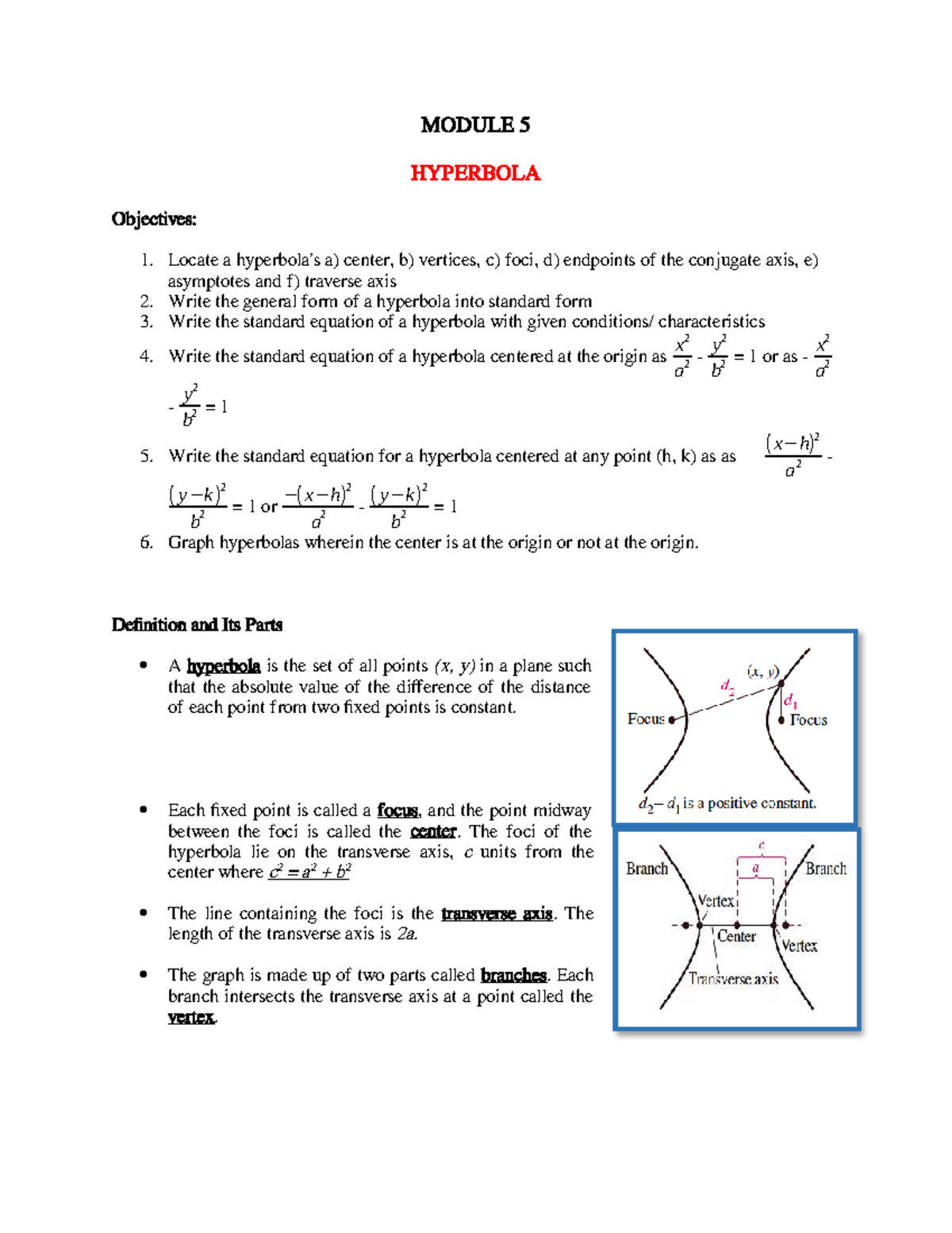 MODULE 5 HYPERBOLA: Key Concepts and Equations - Studocu