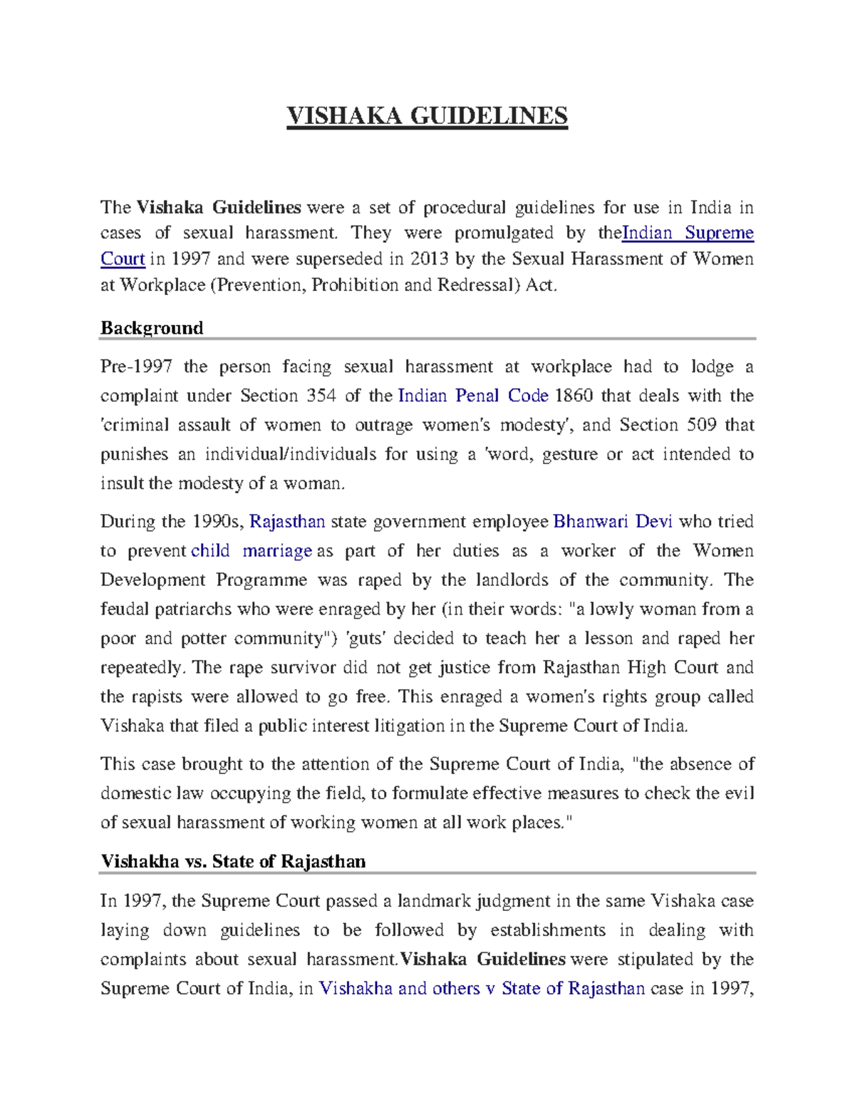 Vishaka Guidelines - Comprehensive Notes on Sexual Harassment Law - Studocu