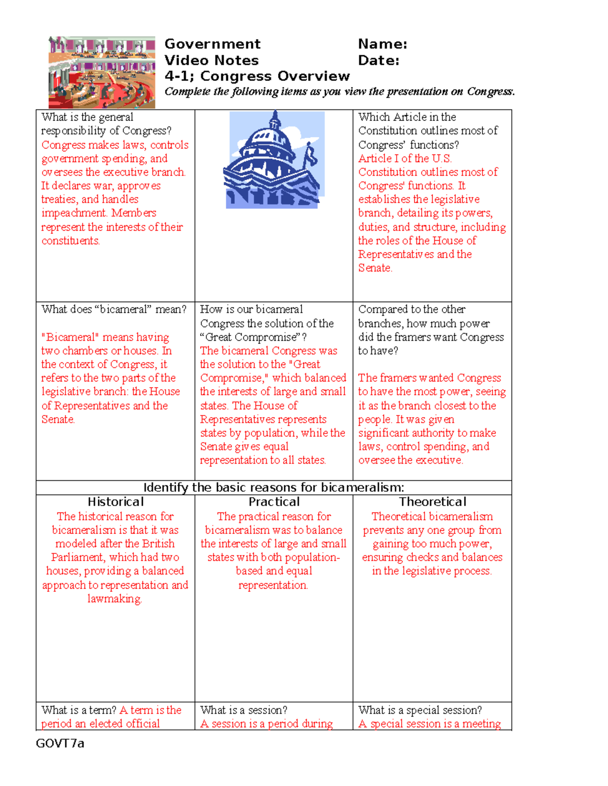 4 1Congress Overviewdone - Government Name: Video Notes Date: 4-1 ...