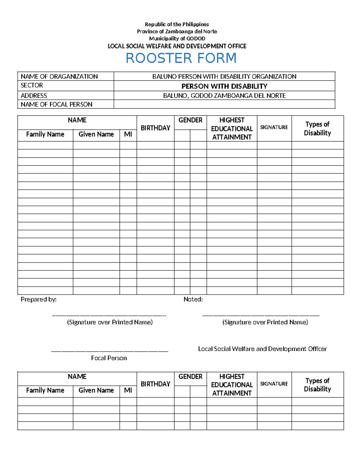 Rooster Form - Local Social Welfare & Dev. Office - PRACTICE - Studocu