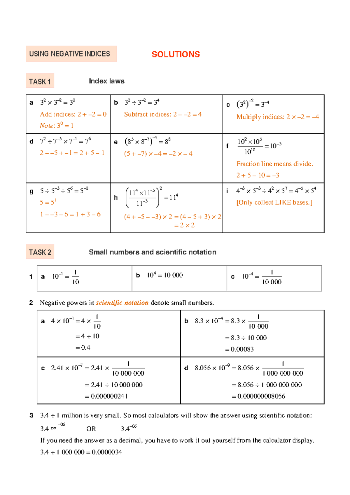 Year 9 - Index Laws: Negative Indices Task 1 Solutions - Studocu
