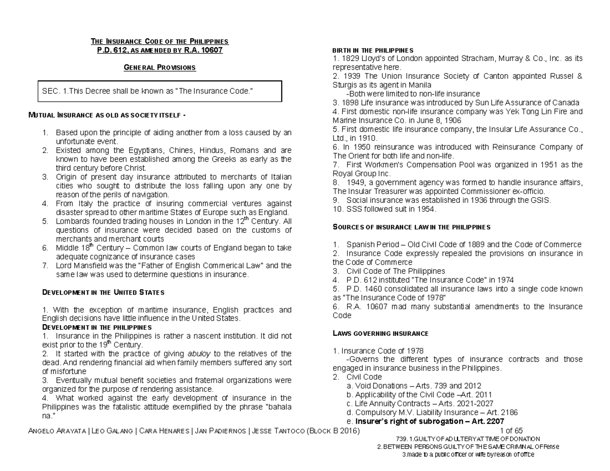 Insurance DE LEON Summary - THE INSURANCE CODE OF THE PHILIPPINES P ...