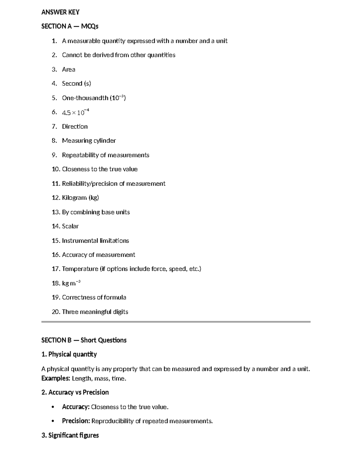Class 9 Physics (150 Marks) Answer Key for Chapter 1 SLO-Based Paper ...