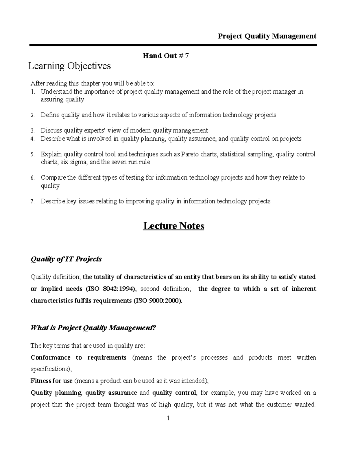 Project Quality MGT Lecture Notes: Key Concepts & Techniques - Studocu