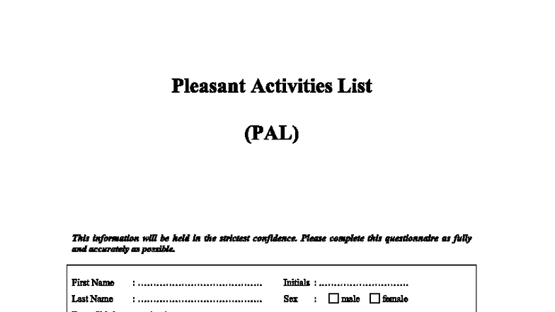PAL Questionnaire: Frequency & Enjoyability of Activities - Studocu