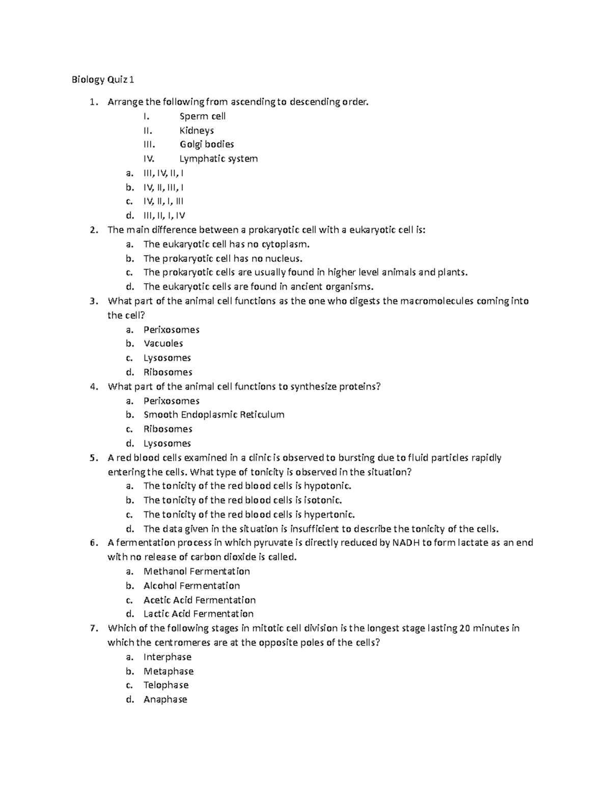 Biology Quiz 1: Key Concepts and Answers - Studocu
