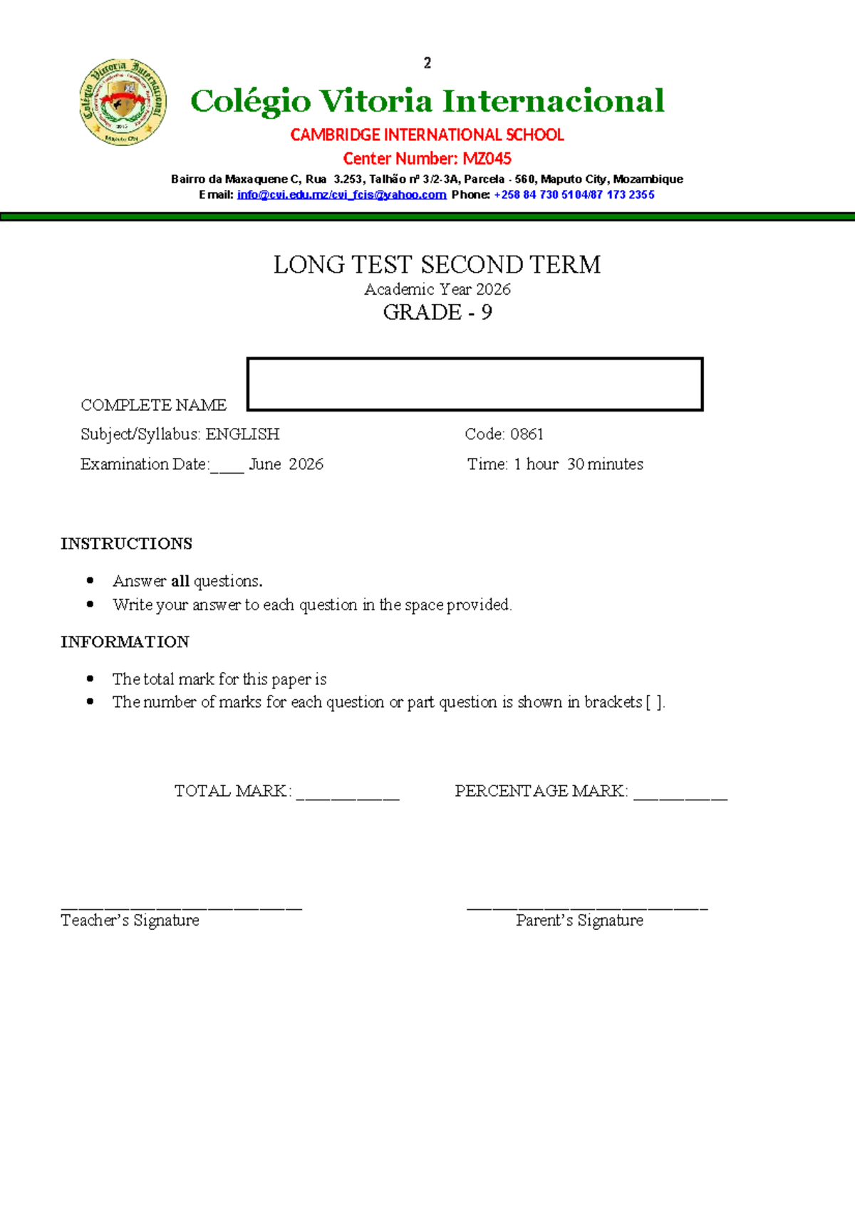 LONG TEST GRADE 9 ENGLISH 0861 JUNE 2026 - Studocu