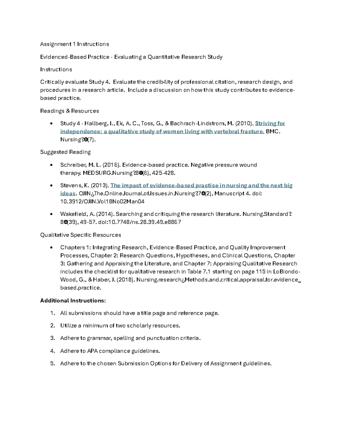 BSN 422 Assignment Descriptions: Evaluating Research Studies and Sample ...